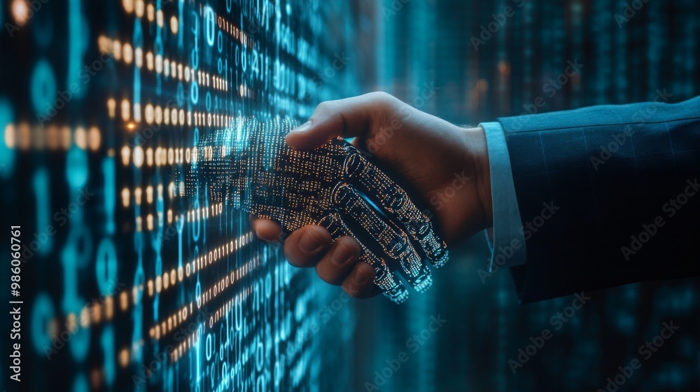 Businessman and robot handshake about tech innovation, machine learning ...