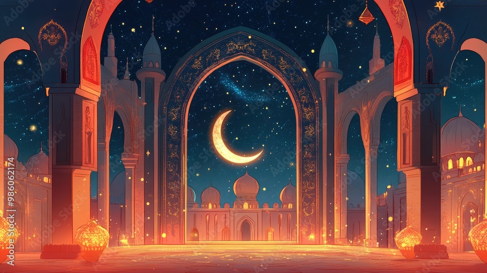 Eid-ul-Adha card design with arches of a mosque, illuminated crescent ...