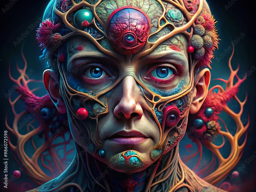 Surreal medical illustration showcasing a unique teratoma face ...