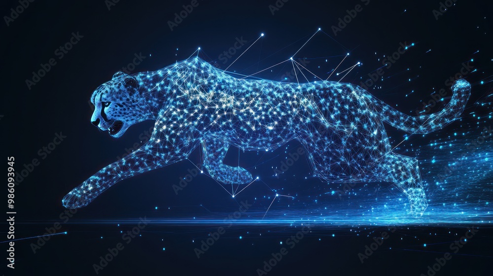 Abstract blue cheetah running on digital network with glowing light ...