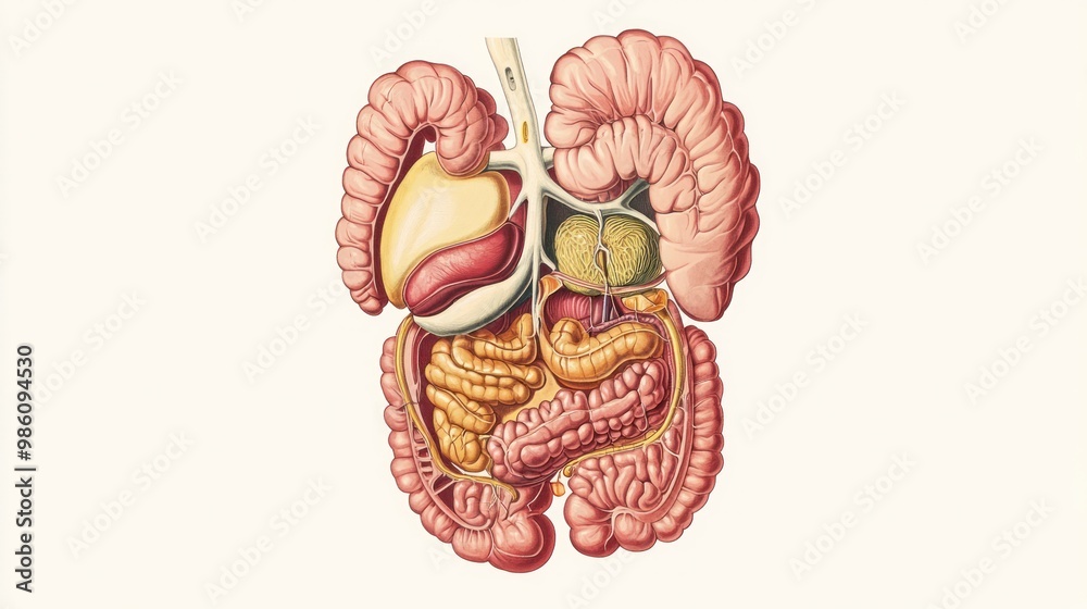 Anatomical illustration of the human digestive system, showing the ...