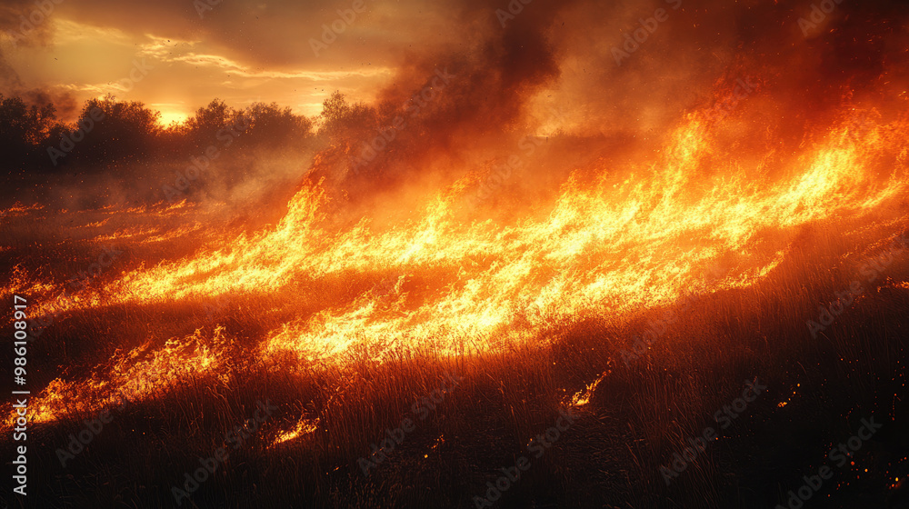 A wildfire sweeping through a dry grassland, with flames spreading ...