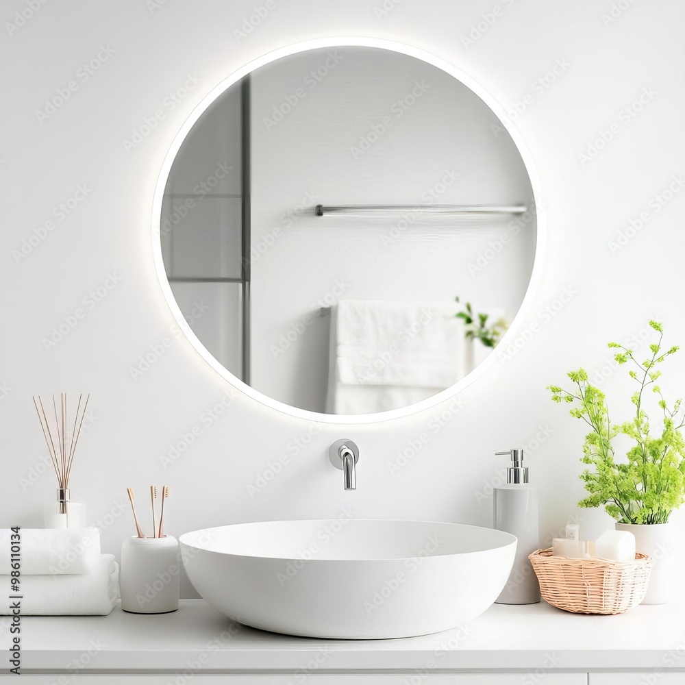 Frameless circular mirror with built-in lighting in a white minimalist ...