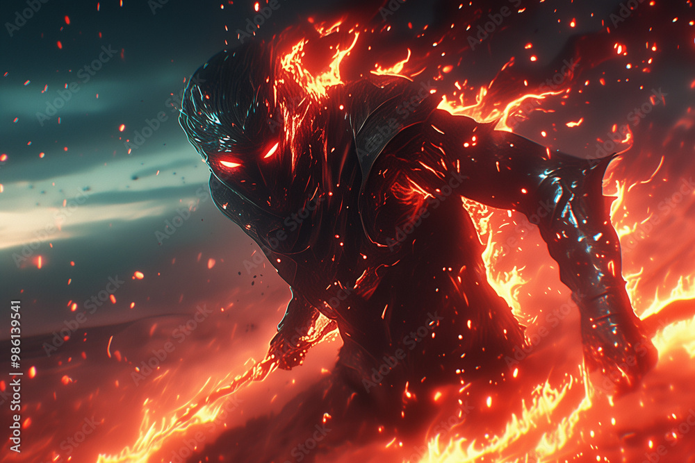 blazing fire genasi warrior emerging from the fiery depths with glowing ...