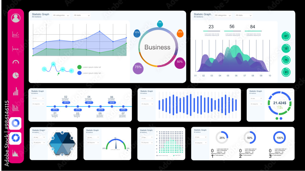 Dashboard infographic, charts, graph and graphic UI, UX, KIT elements. Info chart elements for ...