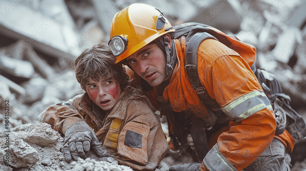 A close-up of a rescue worker helping a survivor through the rubble of ...