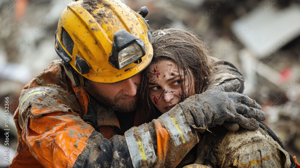 A close-up of a rescue worker helping a survivor through the rubble of ...