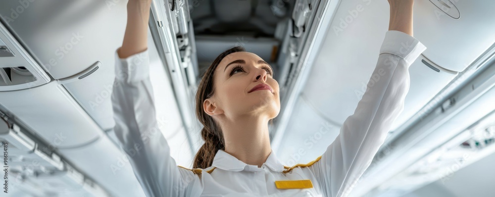 Cabin crew member checks overhead compartments for passenger safety in ...
