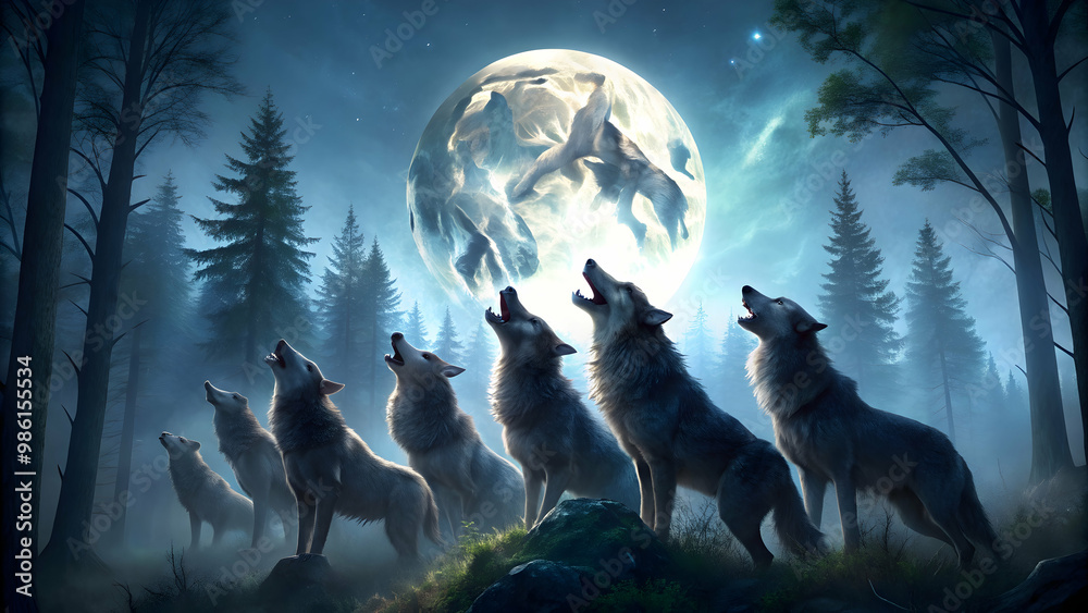 Pack of werewolves howling at full moon in haunted forest, werewolves ...