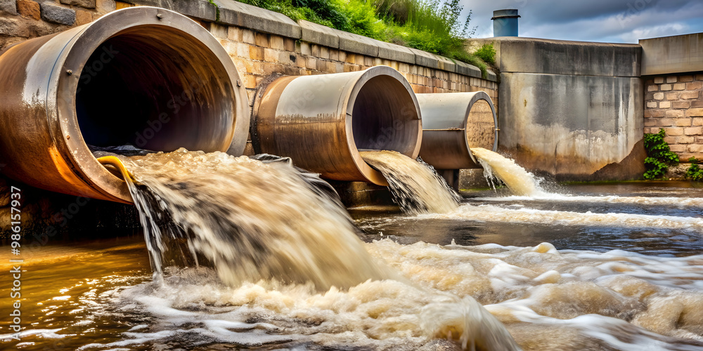 Industrial waste water flowing out of a large pipe, causing water ...