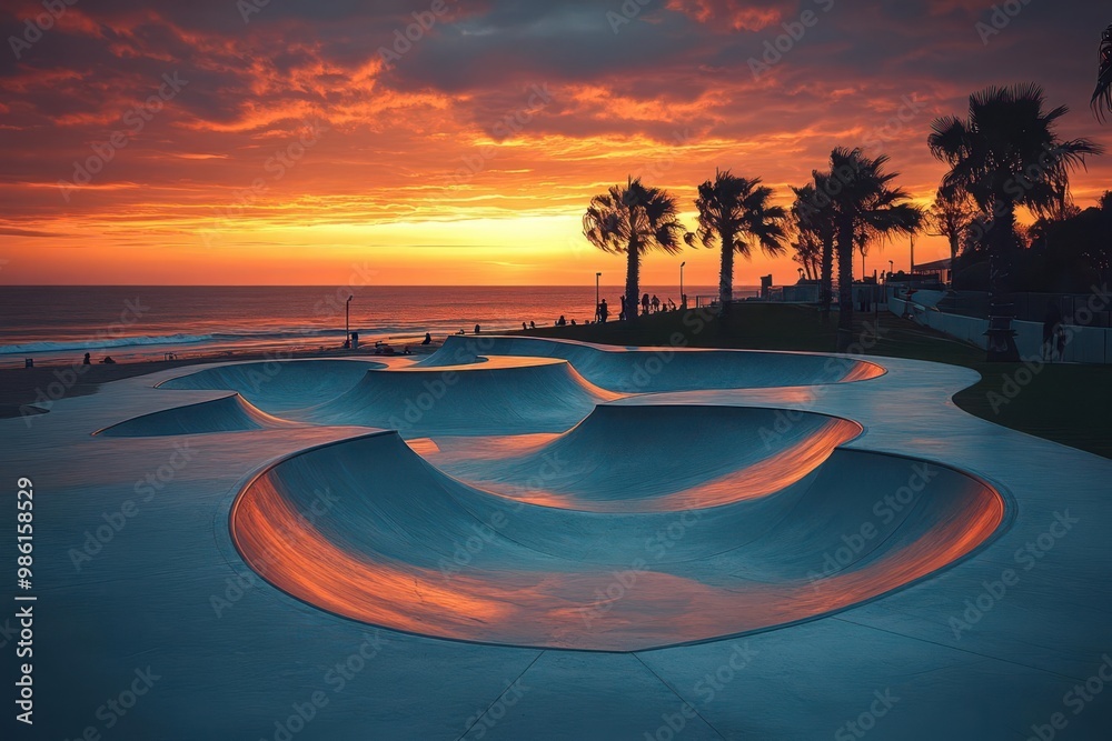 vibrant coastal skatepark winding ramps along palmlined beach ...