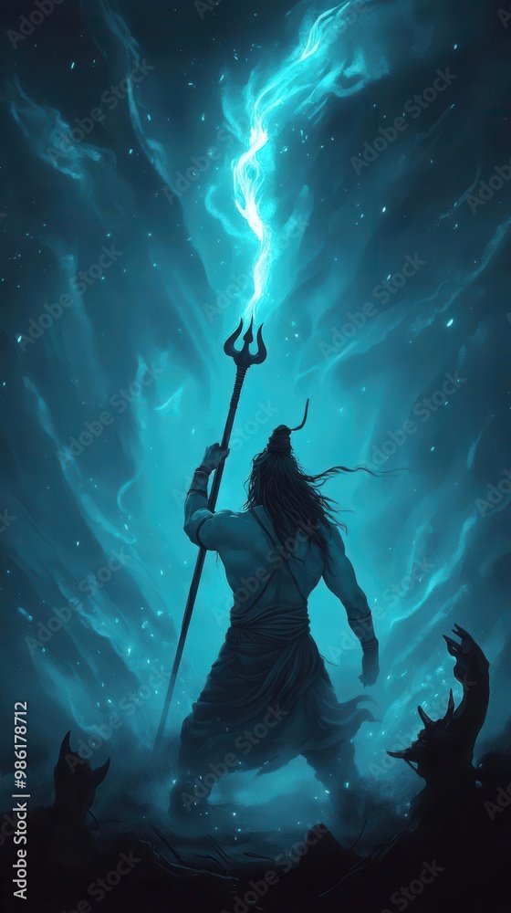Shiva in battle with cosmic demons, his trident glowing with divine ...