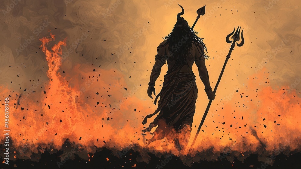 Shiva in his fierce Aghori form, walking through a battlefield, flames ...