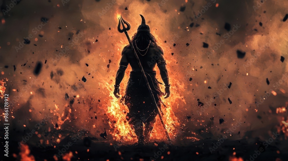 Shiva in his fierce Aghori form, walking through a battlefield, flames ...
