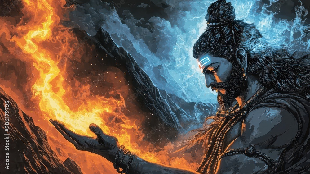 Shiva performing the Rudra Tandava, his eyes glowing with fiery energy ...
