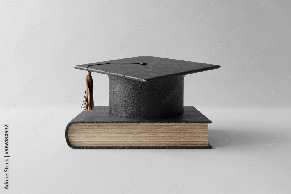 Graduation concept, 3D rendering, graduation cap on book on the white ...