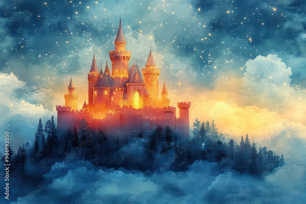 whimsical fairy tale castle illustration pastel color palette floating ...