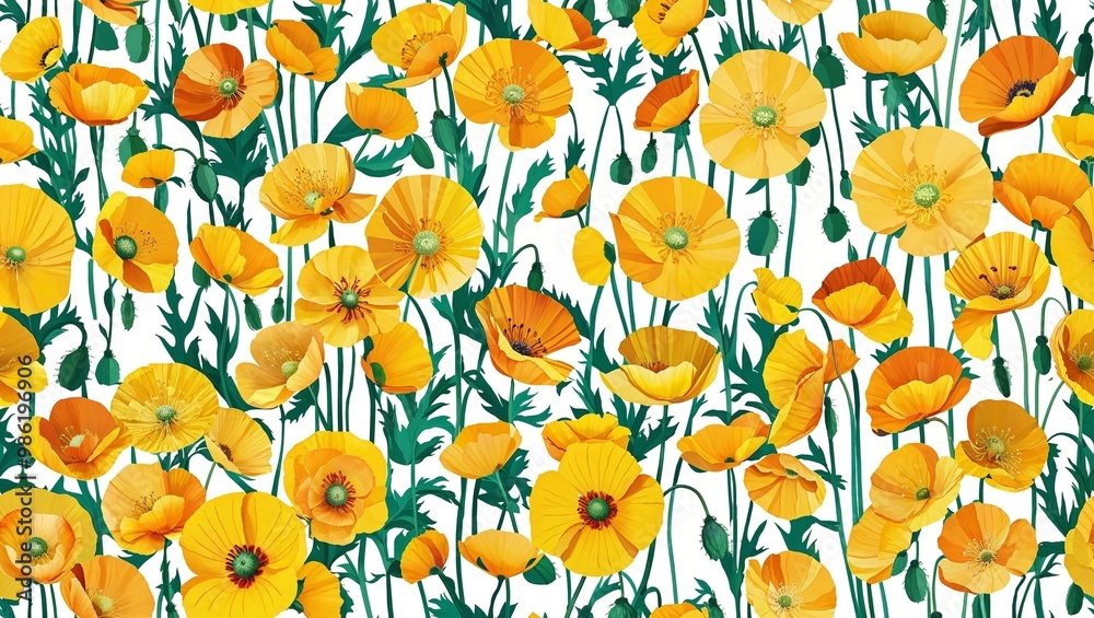Pale yellow poppies mosaic texture seamless plain white background ...