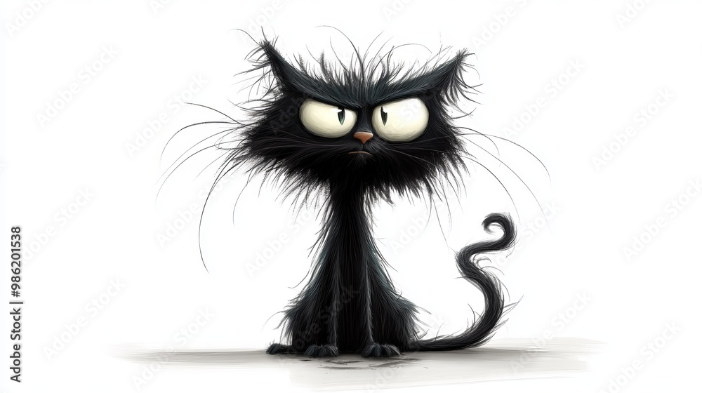 A grumpy black cat with messy fur sits on a white background, looking ...