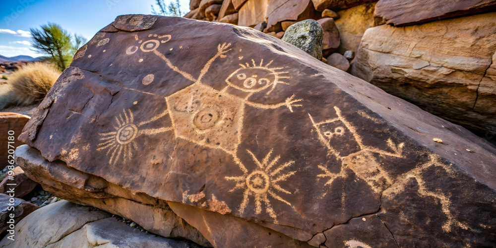 Ancient petroglyph sign carved into a rock, ancestral, historic ...