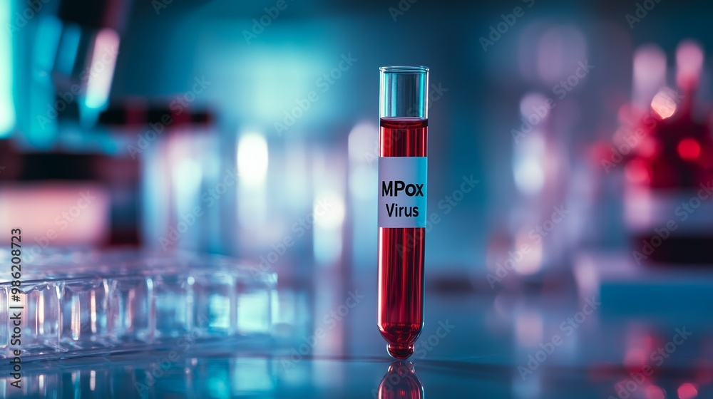 Test tube labeled 'MPox Virus' with red liquid in a laboratory setting ...
