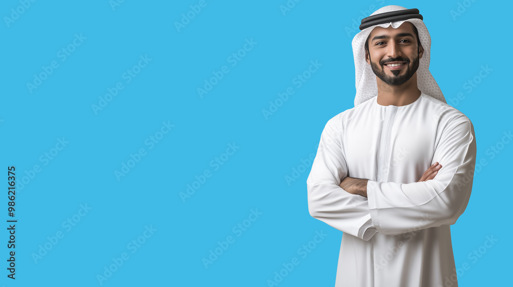 Emirati Man Smiling with Crossed Arms on Isolated blue Background ...