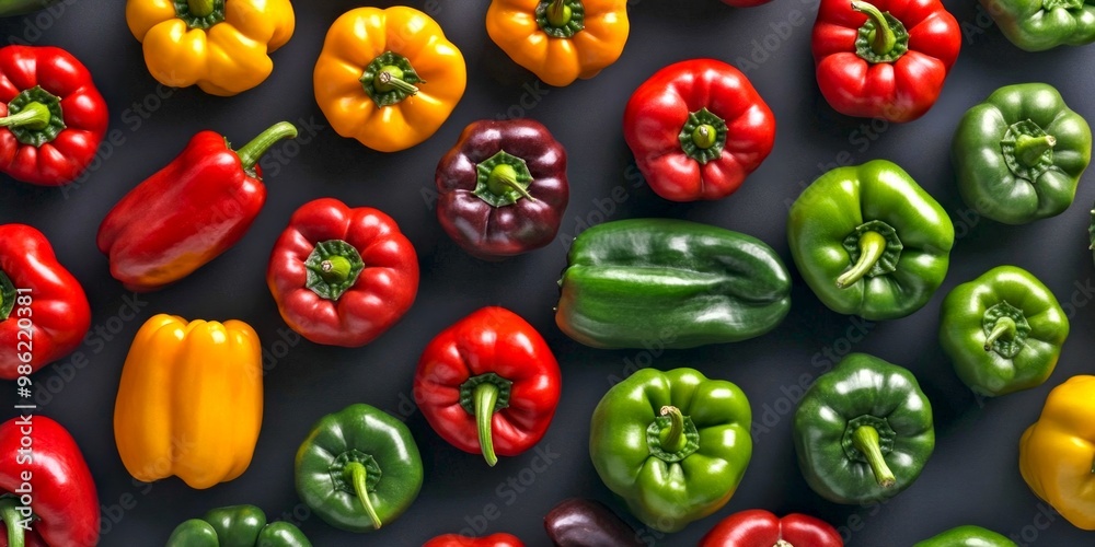 A vibrant collection of colorful peppers arranged artistically ...