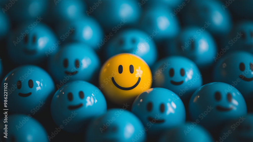 Blue Balls with Sad Faces Surrounding a Bright Yellow Ball with a Big ...