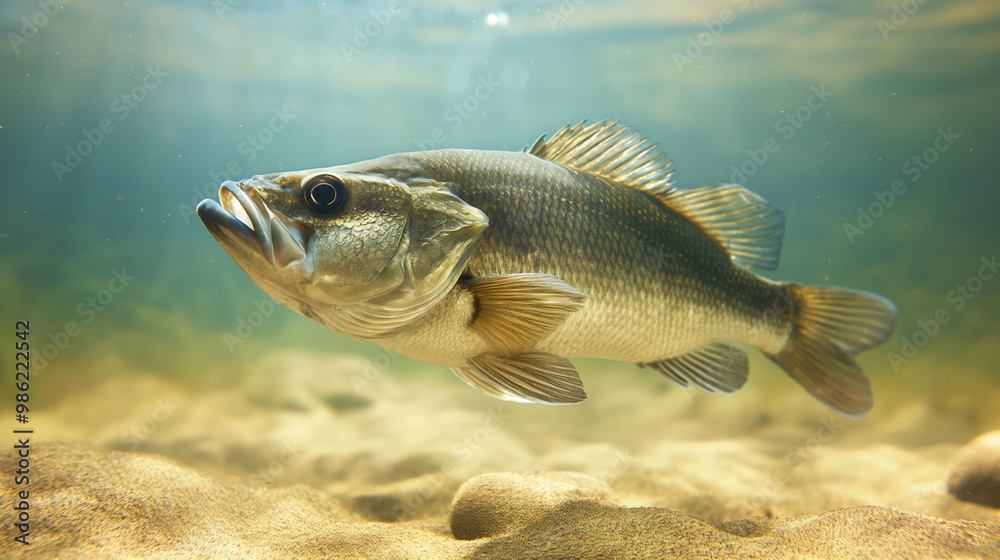 Largemouth bass swimming underwater in clear lake, natural habitat ...