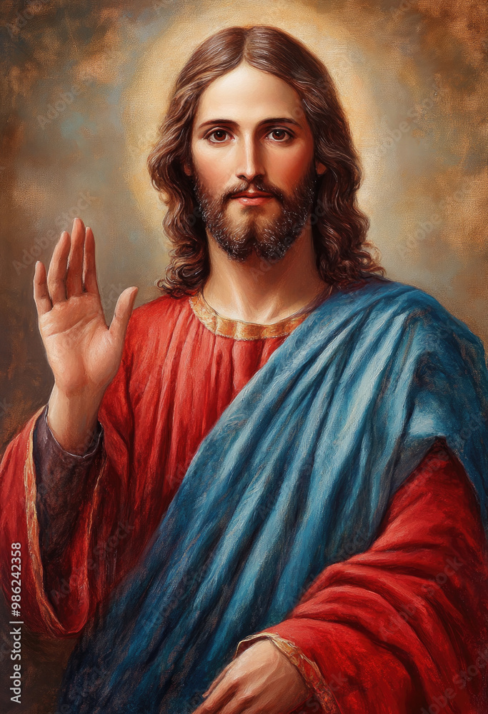 Ilustración de Stock Jesus Christ, in red and blue robes with his hand ...