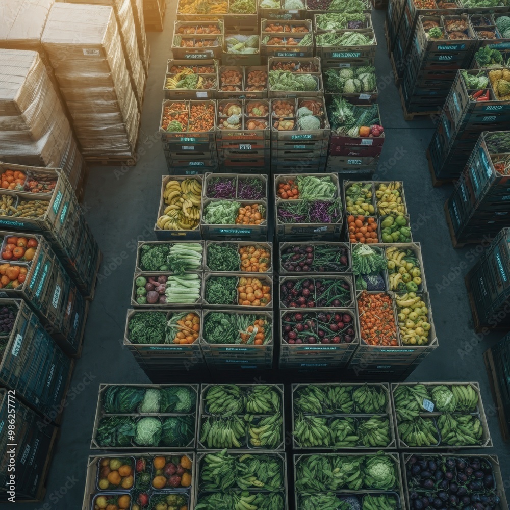 Aerial view of crates filled with various fruits and vegetables ...