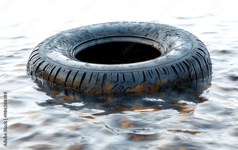 Car tire floating in polluted water, isolated on white background, clip ...