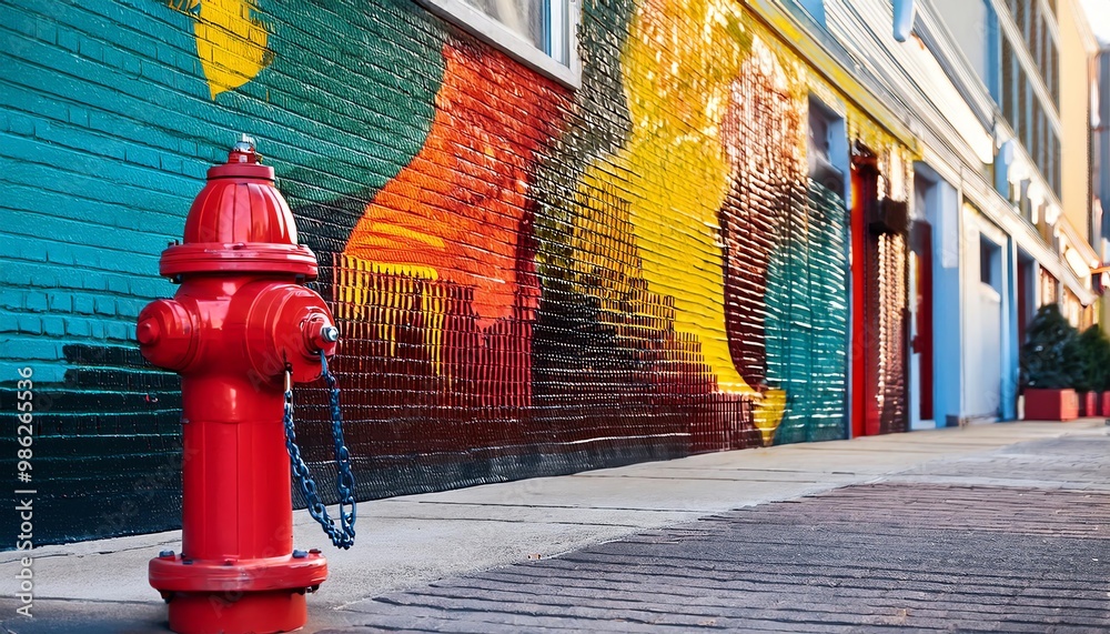 A vibrant city scene featuring a red fire hydrant against a colorful ...