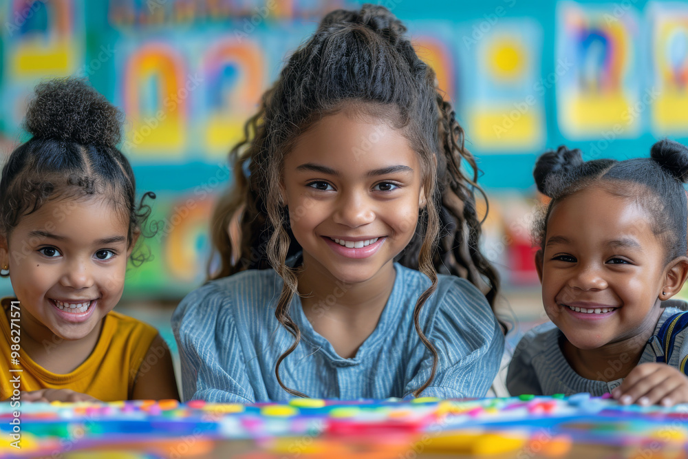 Diverse group of elementary school students engages in teamwork ...