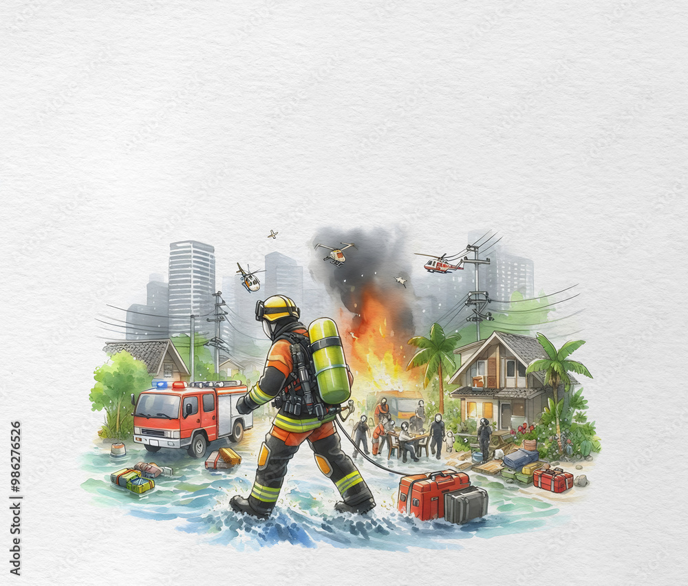 watercolor in white background of Rescu worker working in flood ...