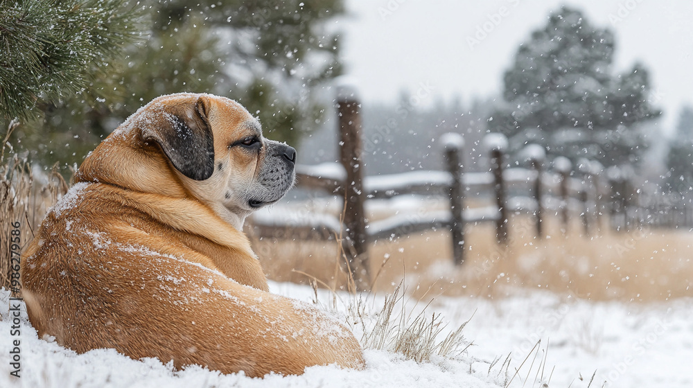 old fawn colored puggle dog with grey muzzle sleeping in heavy snow ...