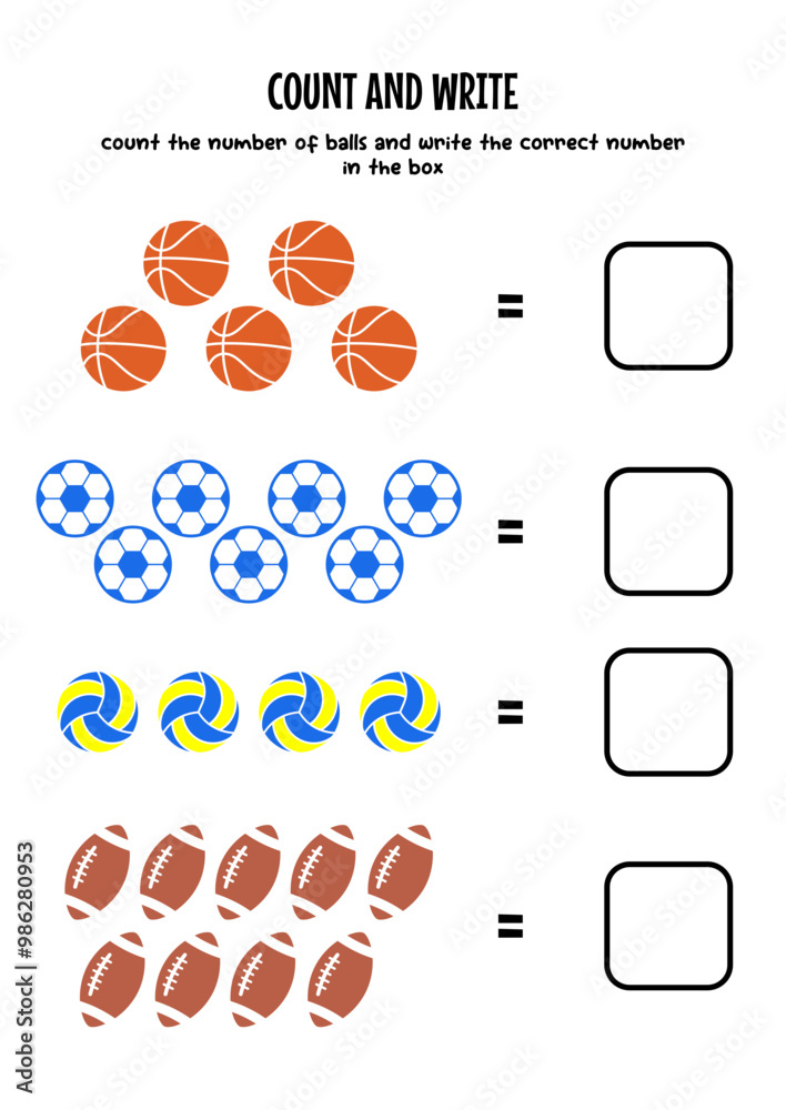 worksheet for kids, count the number of sports balls, then fill in the ...