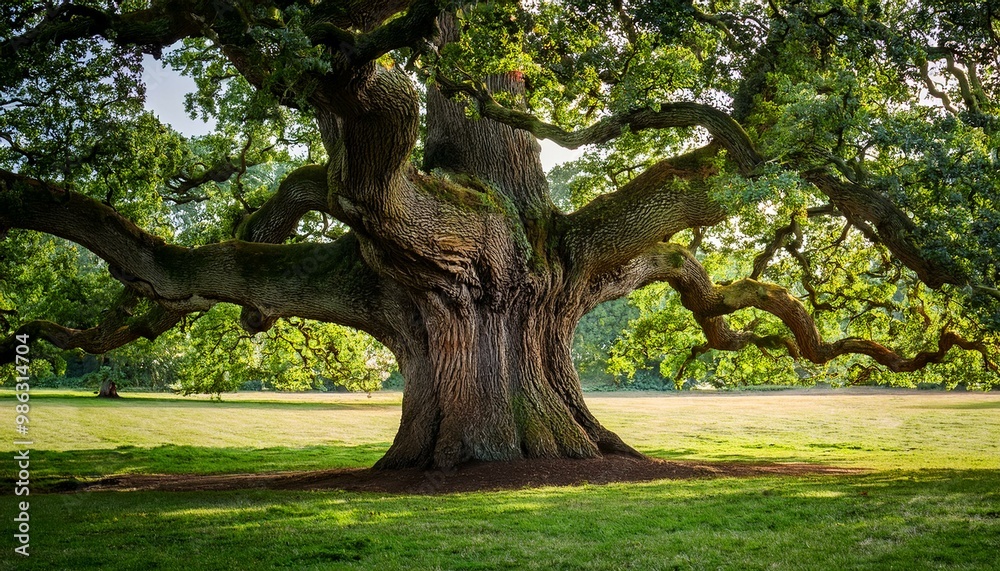 Ancient oak tree with sprawling branches and lush green leaves, rooted ...