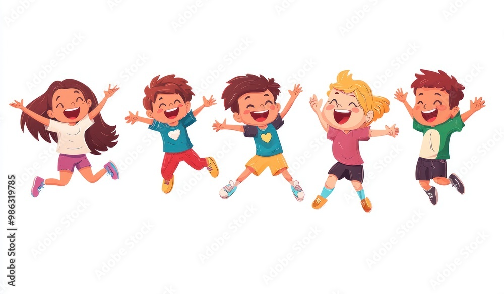 Group of children jumping and laughing together on a white background ...
