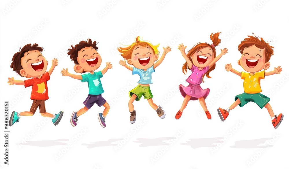 Group of children jumping and laughing together on a white background ...