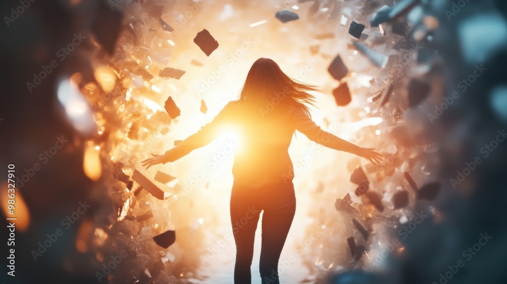 A woman breaking through a barrier with light shining behind ...