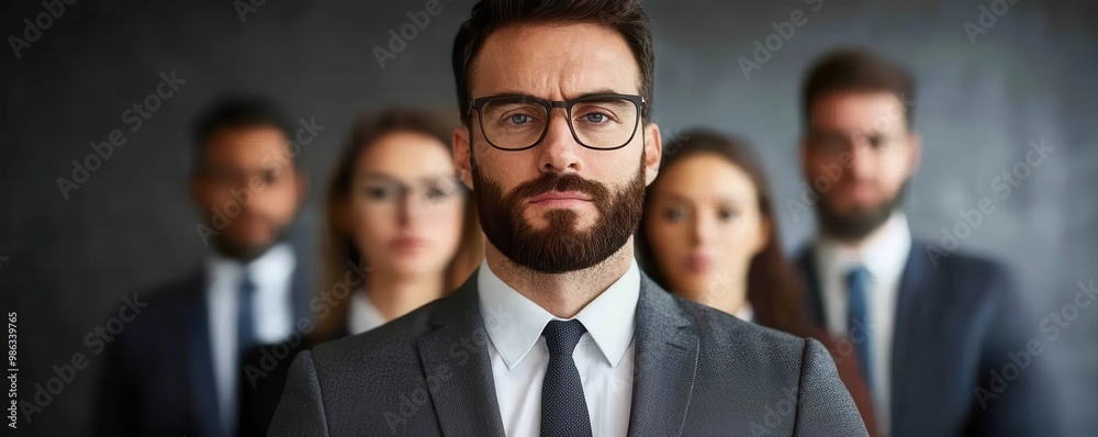 Executive team standing together in a sleek office, led by a confident CEO at the forefront ...