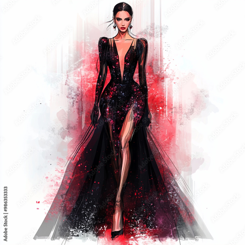 Fashion illustration of a beautiful woman wearing a fancy, glamorous ...