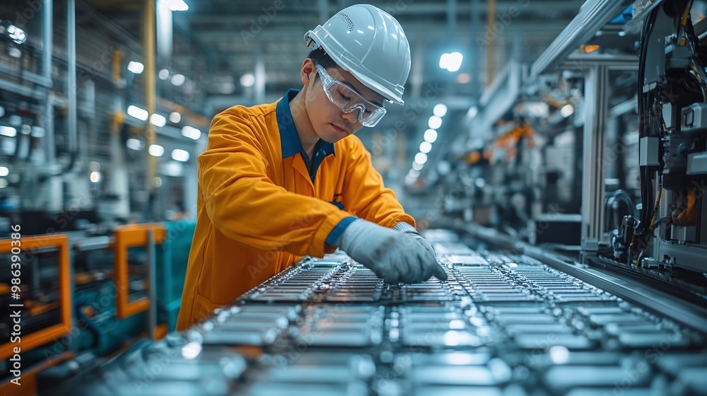 electric vehicle factory with chinese engineer working on ev battery module development focusing ...