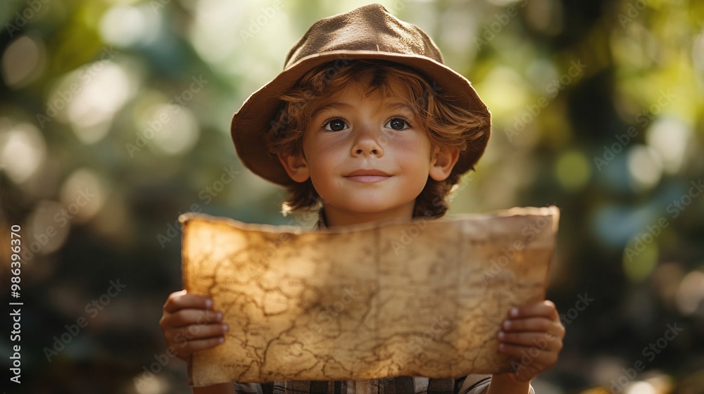 young boy with a treasure map participating in an exciting treasure ...
