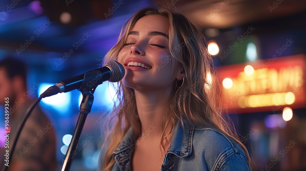 lively karaoke night scene with a young woman singing in a bar ...