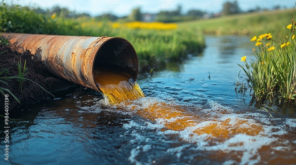polluted water from a sewage pipe entering a clean river, showcasing ...