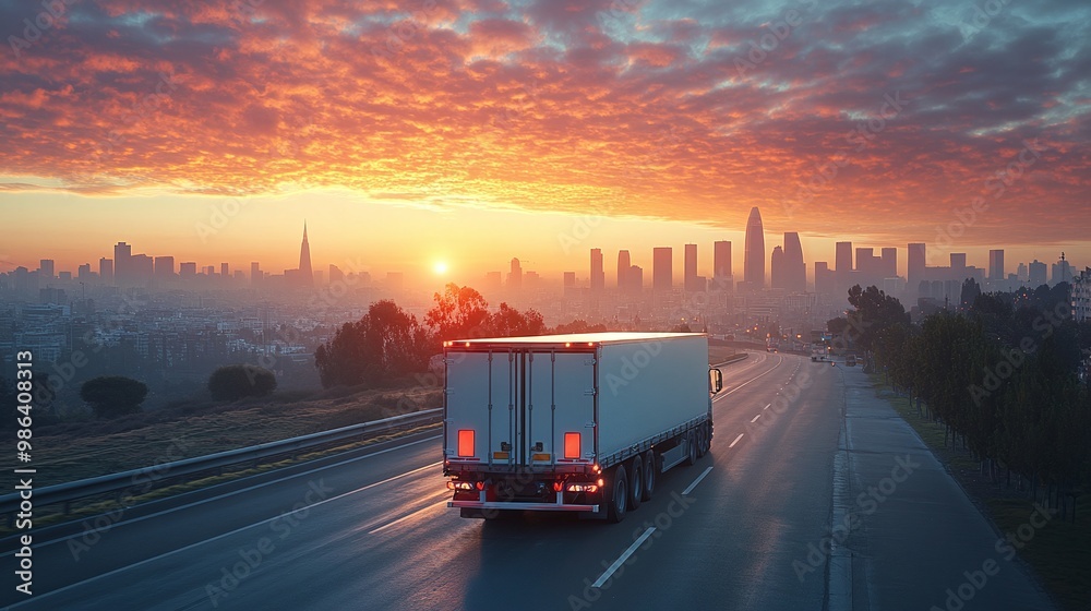 back view of a delivery truck driving on a road with sunrise light ...