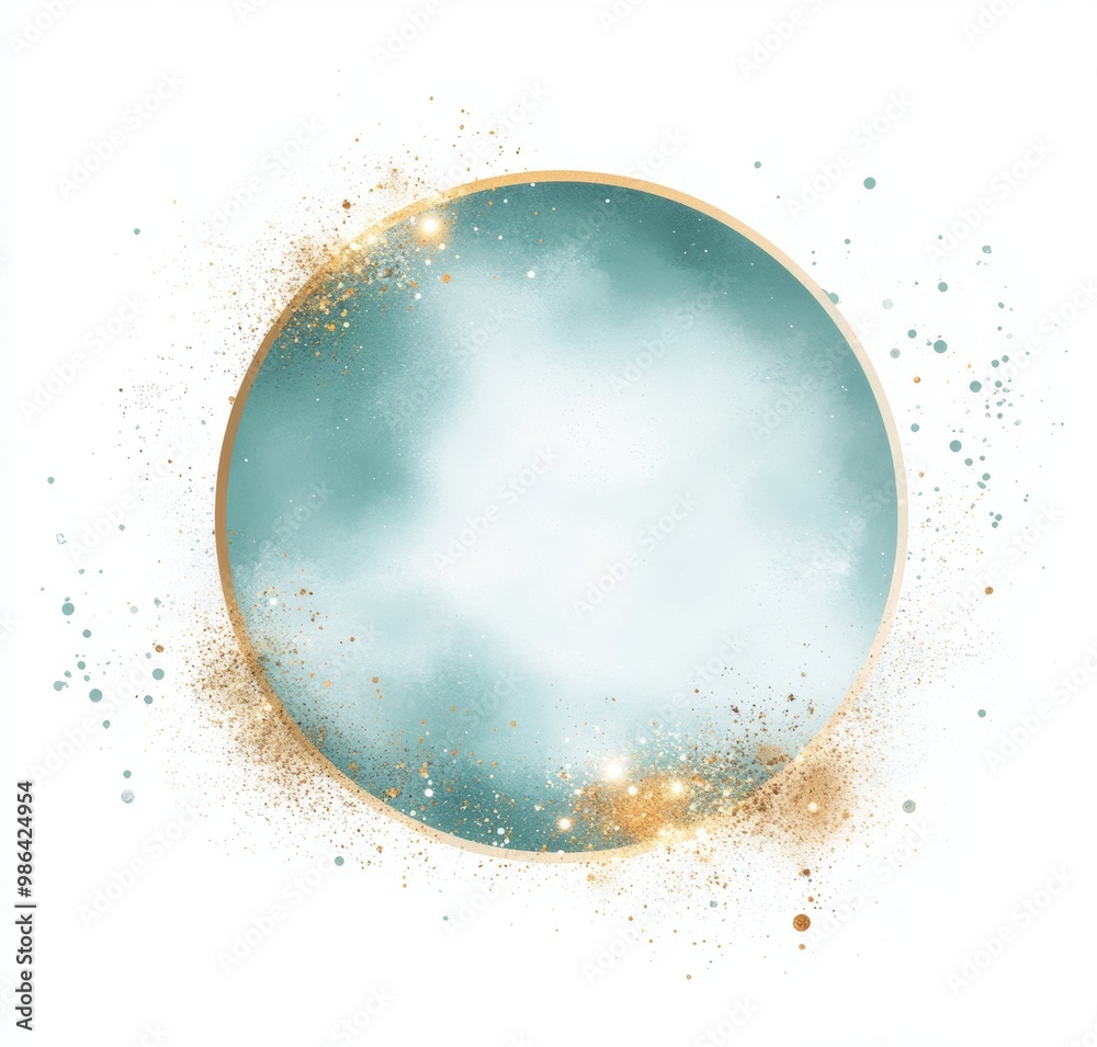 Logo with a pale green and gold color palette, a circle with a white ...