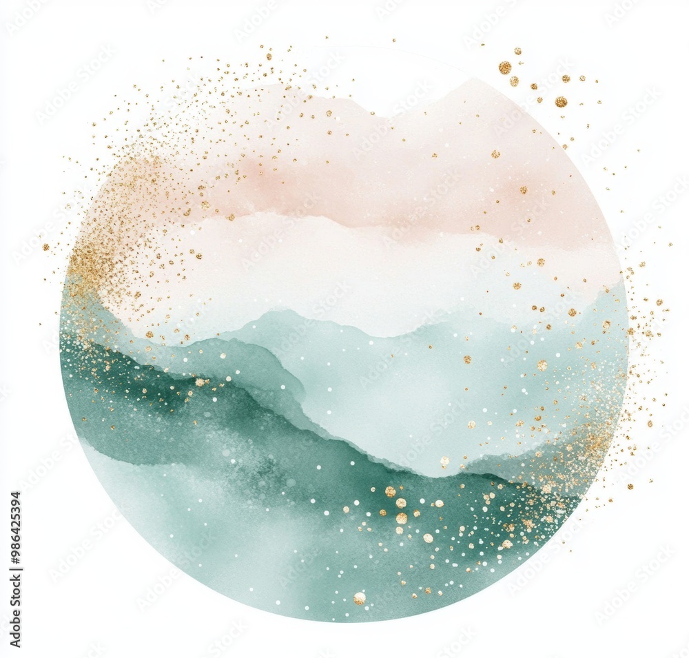 Logo with a pale green and gold color palette, a circle with a white ...